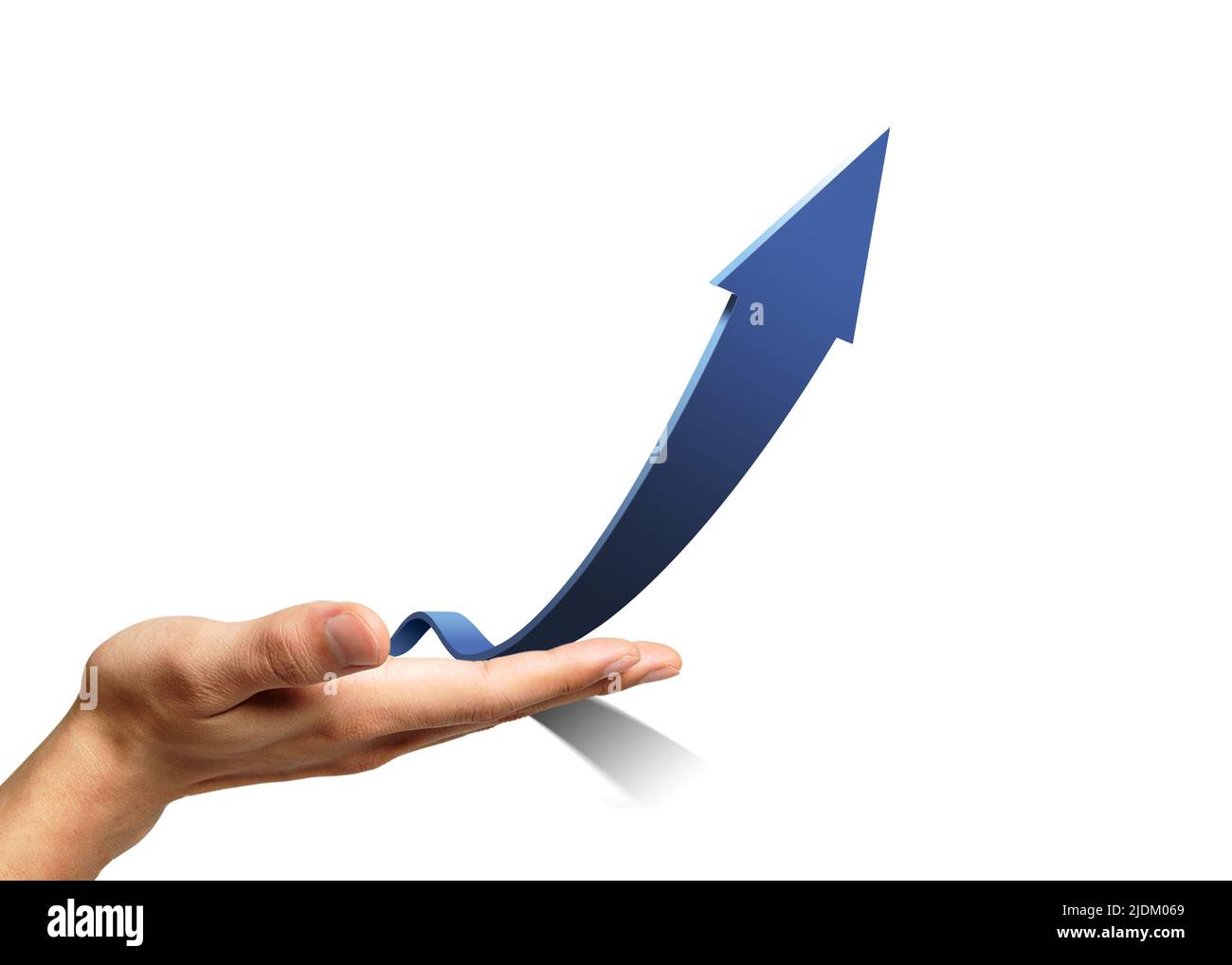Blue arrow point up on the human hand on the isolated background Stock ...