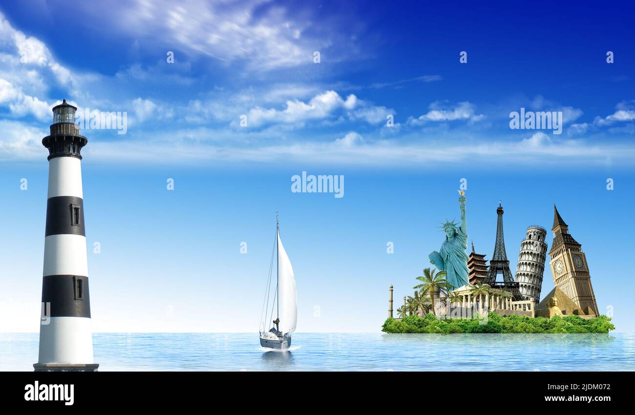 Imaginary island with monuments from around the wold in the ocean with ...