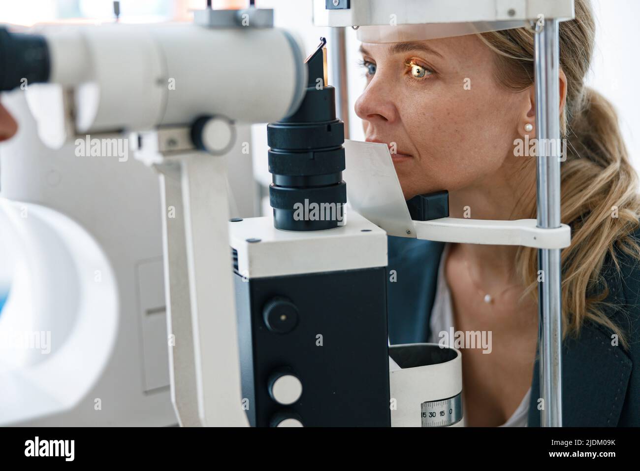 Close-up view of a patient's vision in an optics store or ophthalmology ...