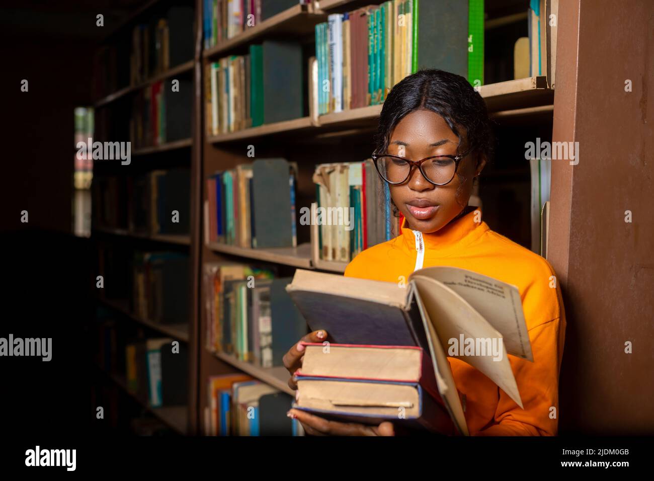 beautiful girl in a library. lady reading book in the library Stock ...