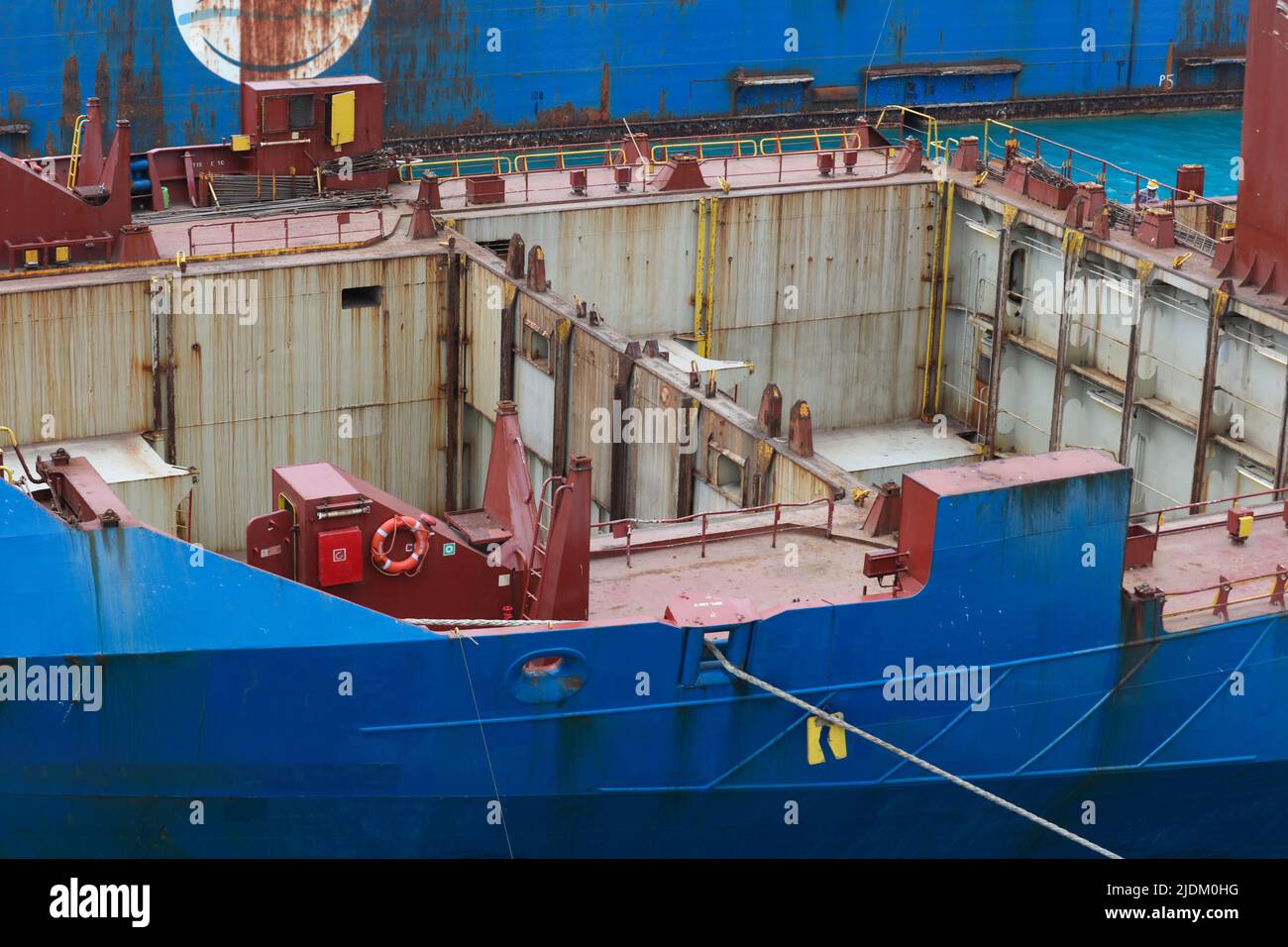 Front of the transport ship on the water, top view. The bow of the ship ...