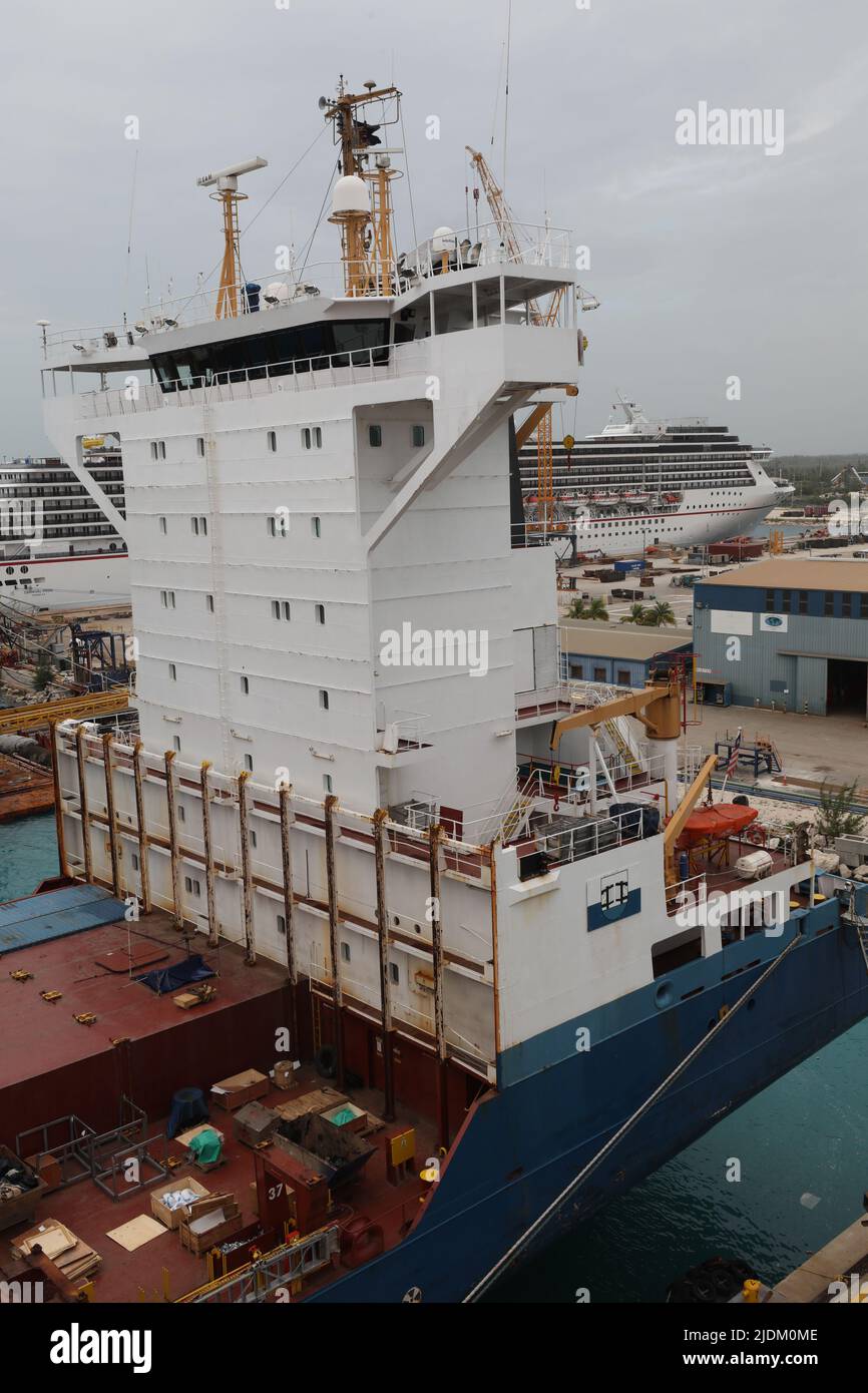 Cargo ship moored in Shipyard during maintenance, cargo hold with ...