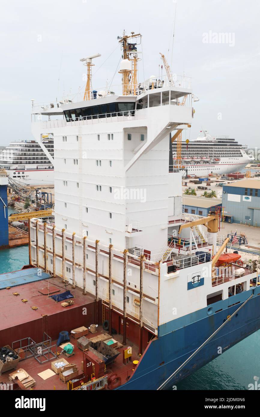 Cargo ship moored in Shipyard during maintenance, cargo hold with ...
