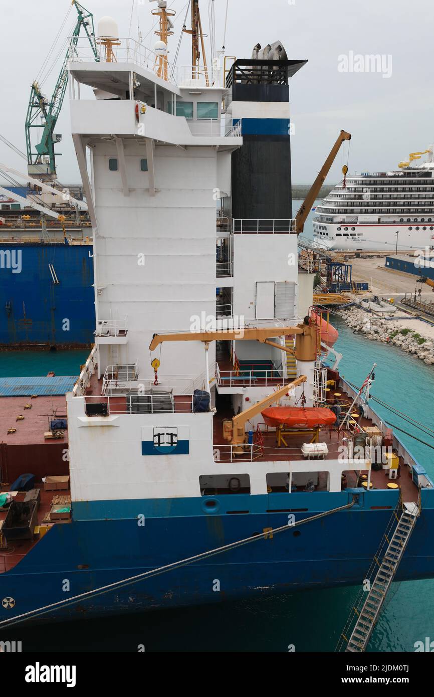 Cargo ship moored in Shipyard during maintenance, cargo hold with ...
