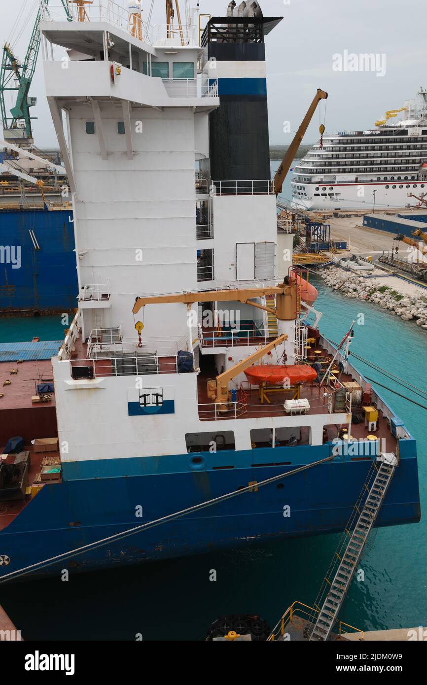 Cargo ship moored in Shipyard during maintenance, cargo hold with ...