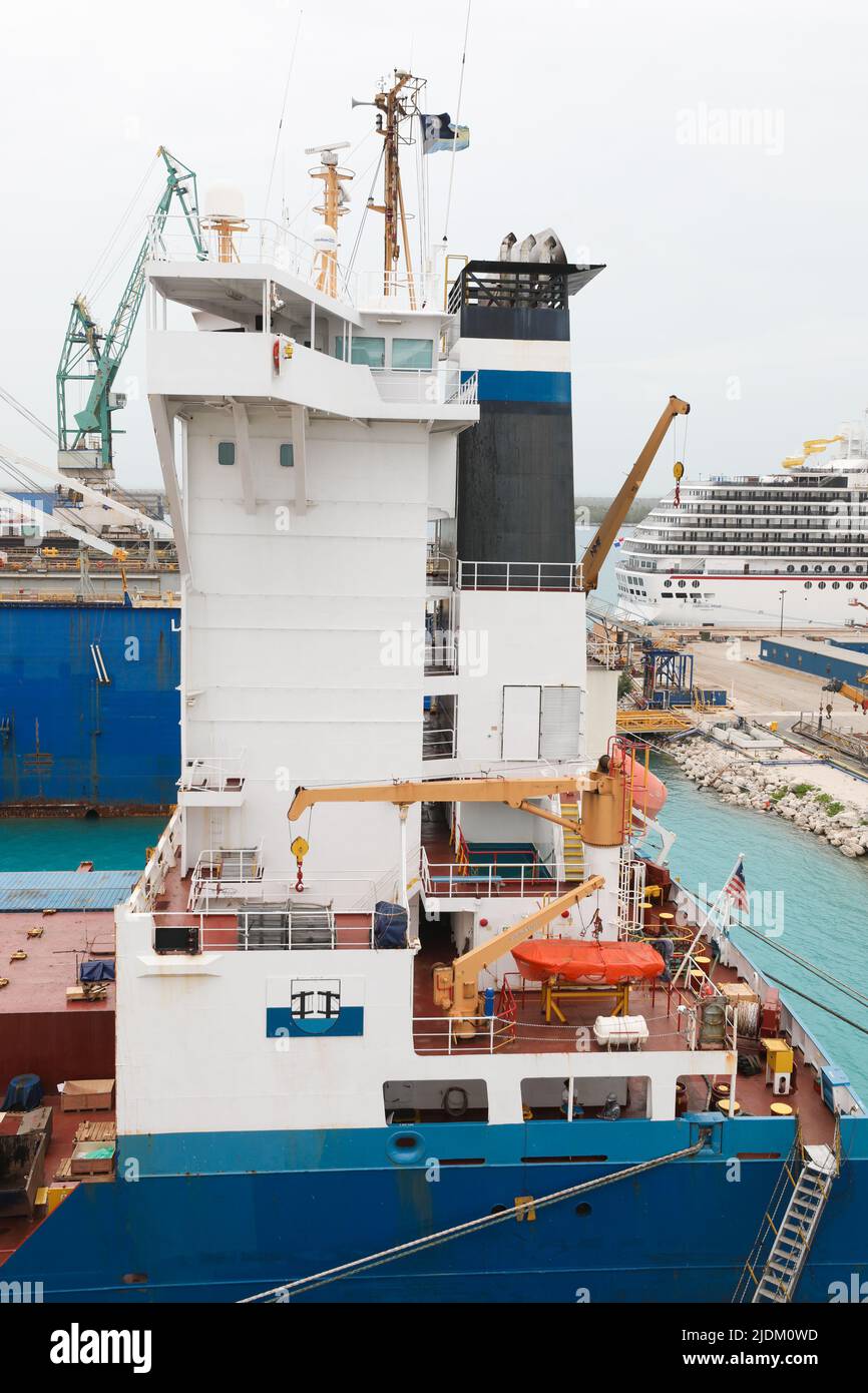 Cargo ship moored in Shipyard during maintenance, cargo hold with ...