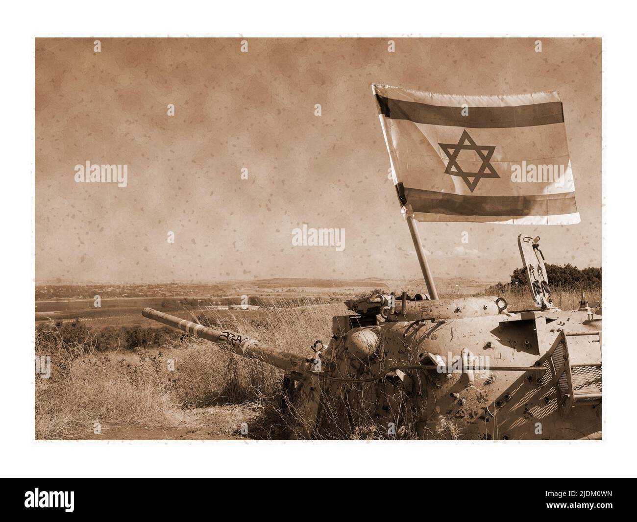 A vintage image of old tank used during the 1967 war with the flag of ...