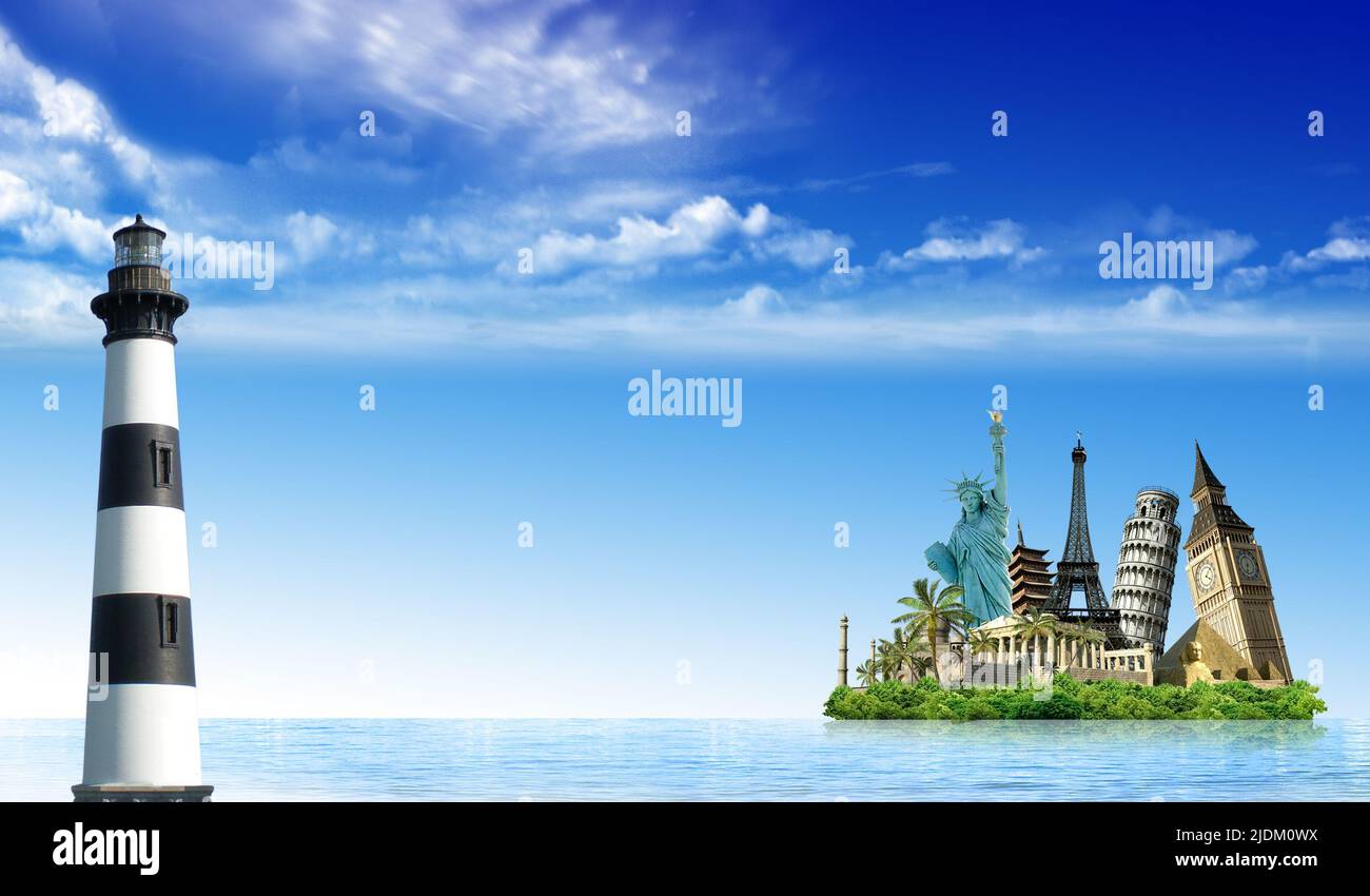 Imaginary island with monuments from around the wold in the ocean with ...