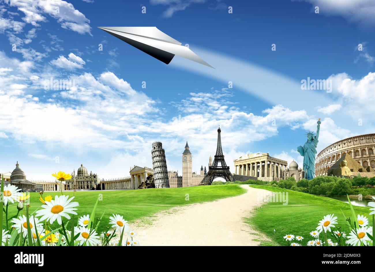 Travel around the world: landmarks with road and paper airplane is ...
