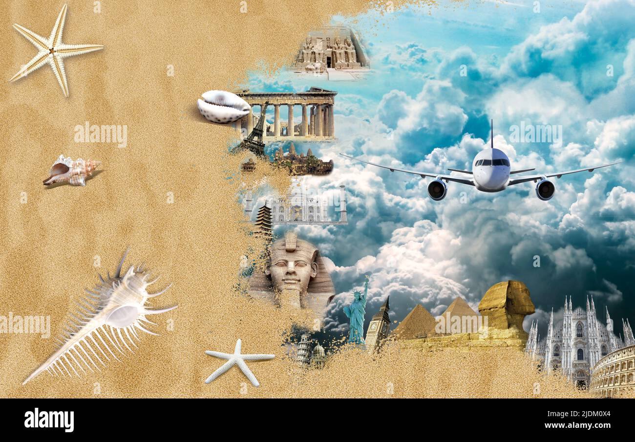 Tourism around the world: world landmarks with beach sand and shells ...