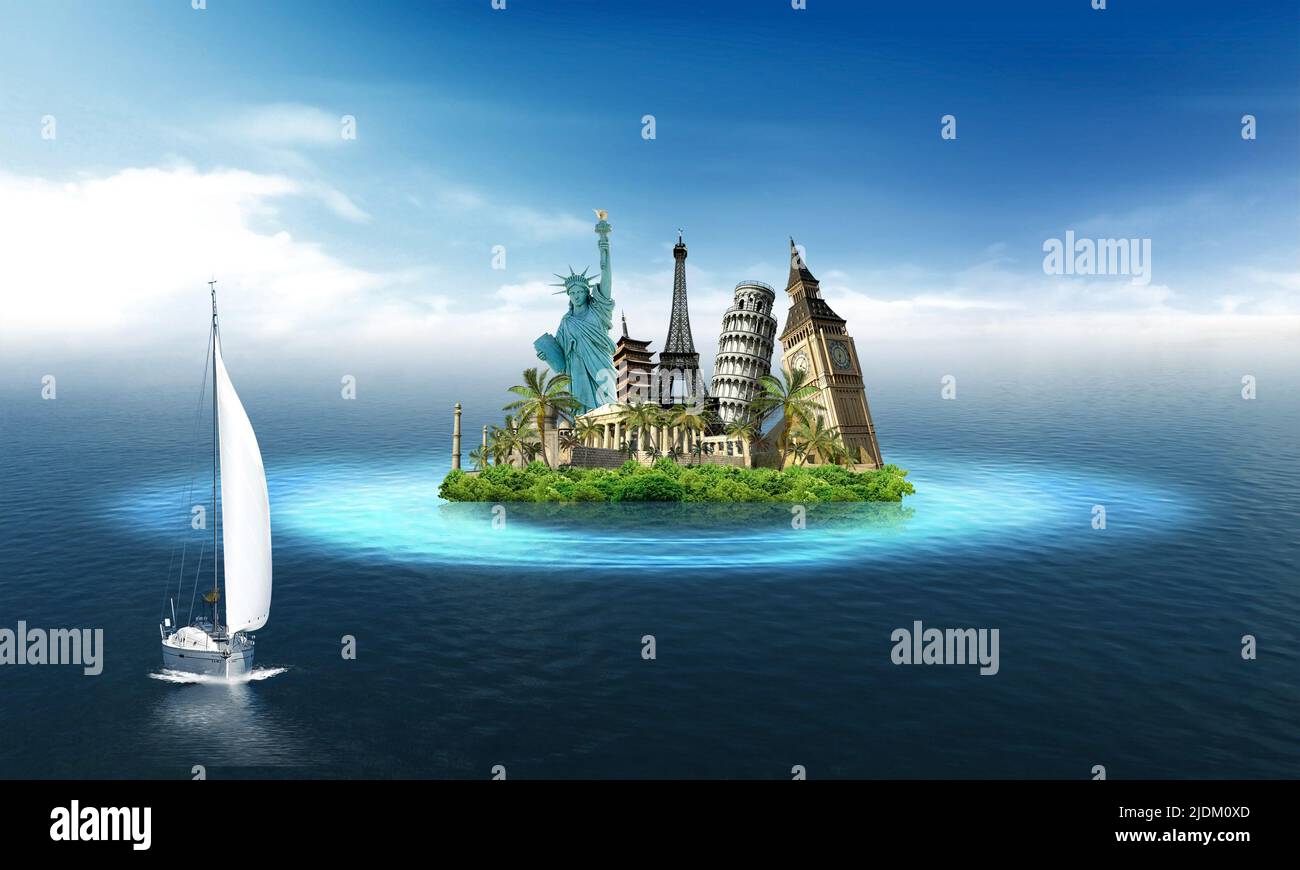 Imaginary island with landmarks among the sea with sailing boat Stock ...