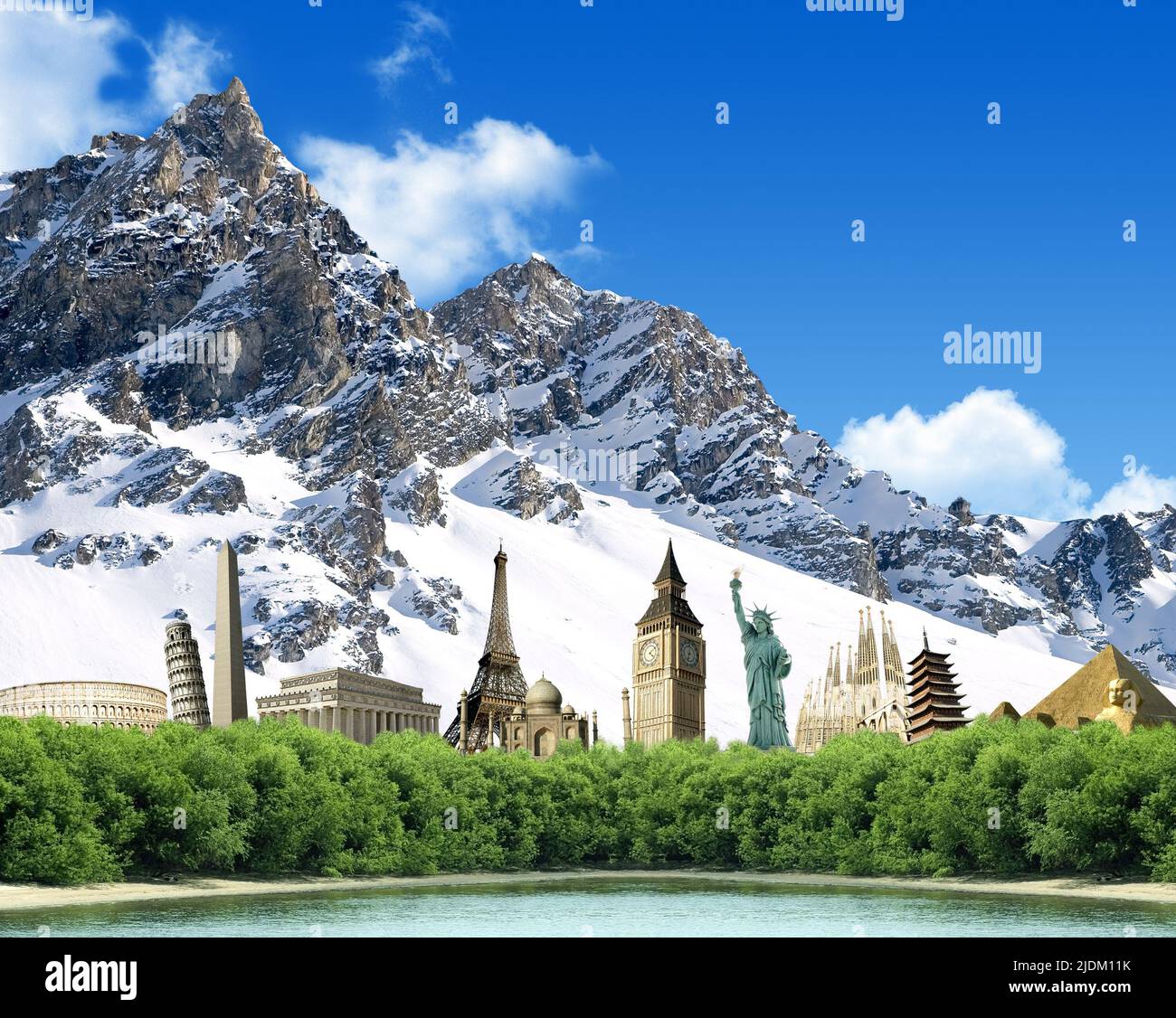 Imaginary mountain landscape with landmarks Stock Photo - Alamy
