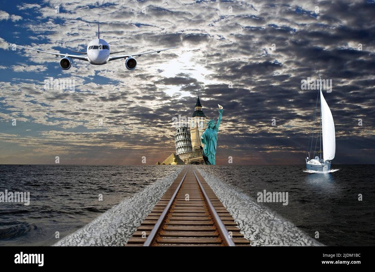 Travel around the world by train, airplane and boat with dramatic sky ...