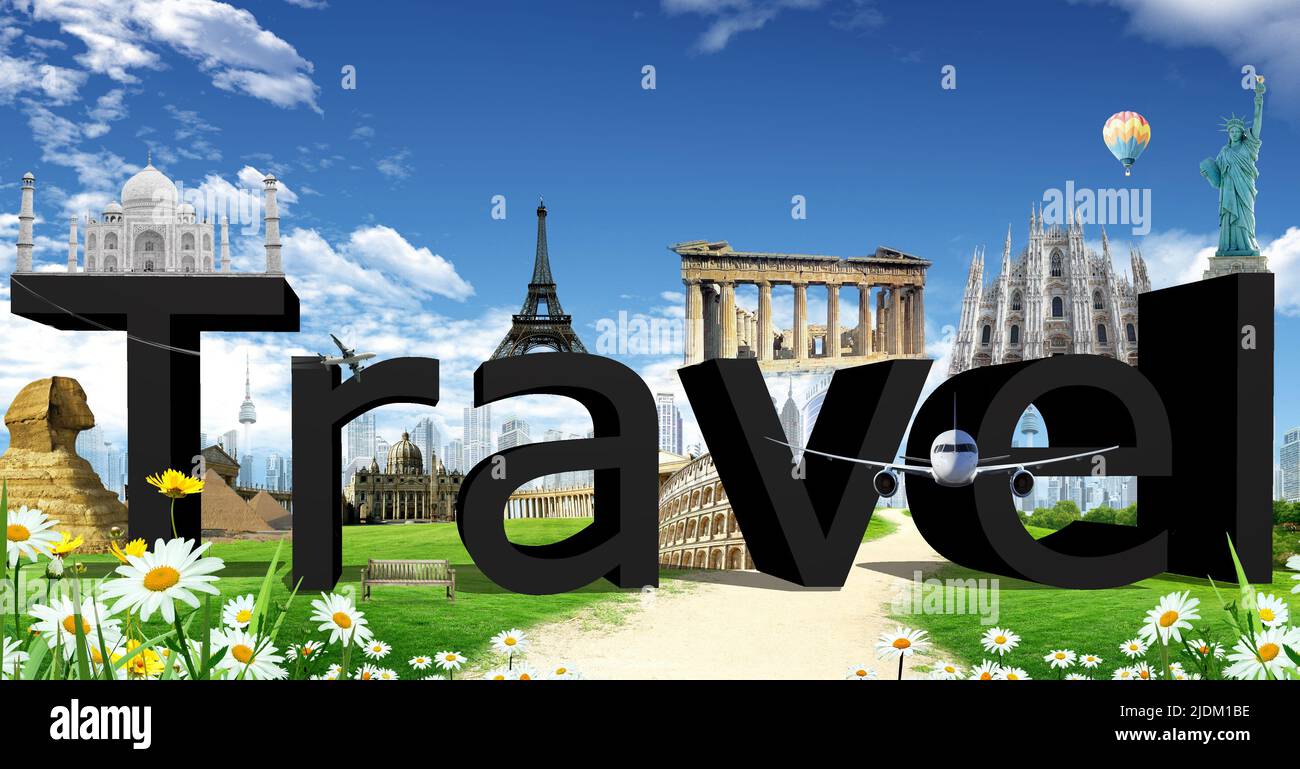 3D travel illustration with landmarks around the world Stock Photo - Alamy