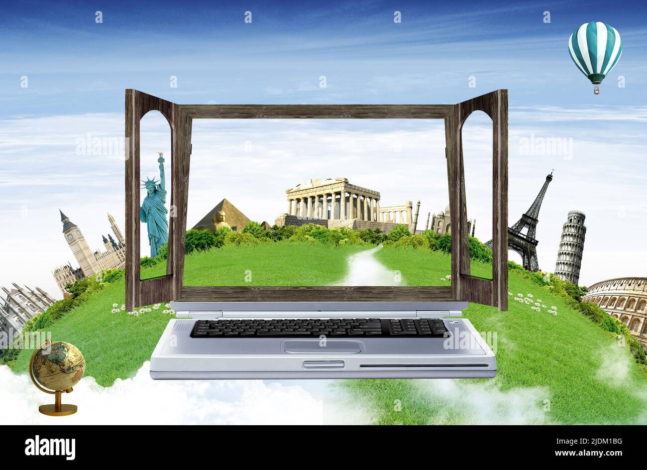 Computer with a imaginary window screen with monuments from around the ...
