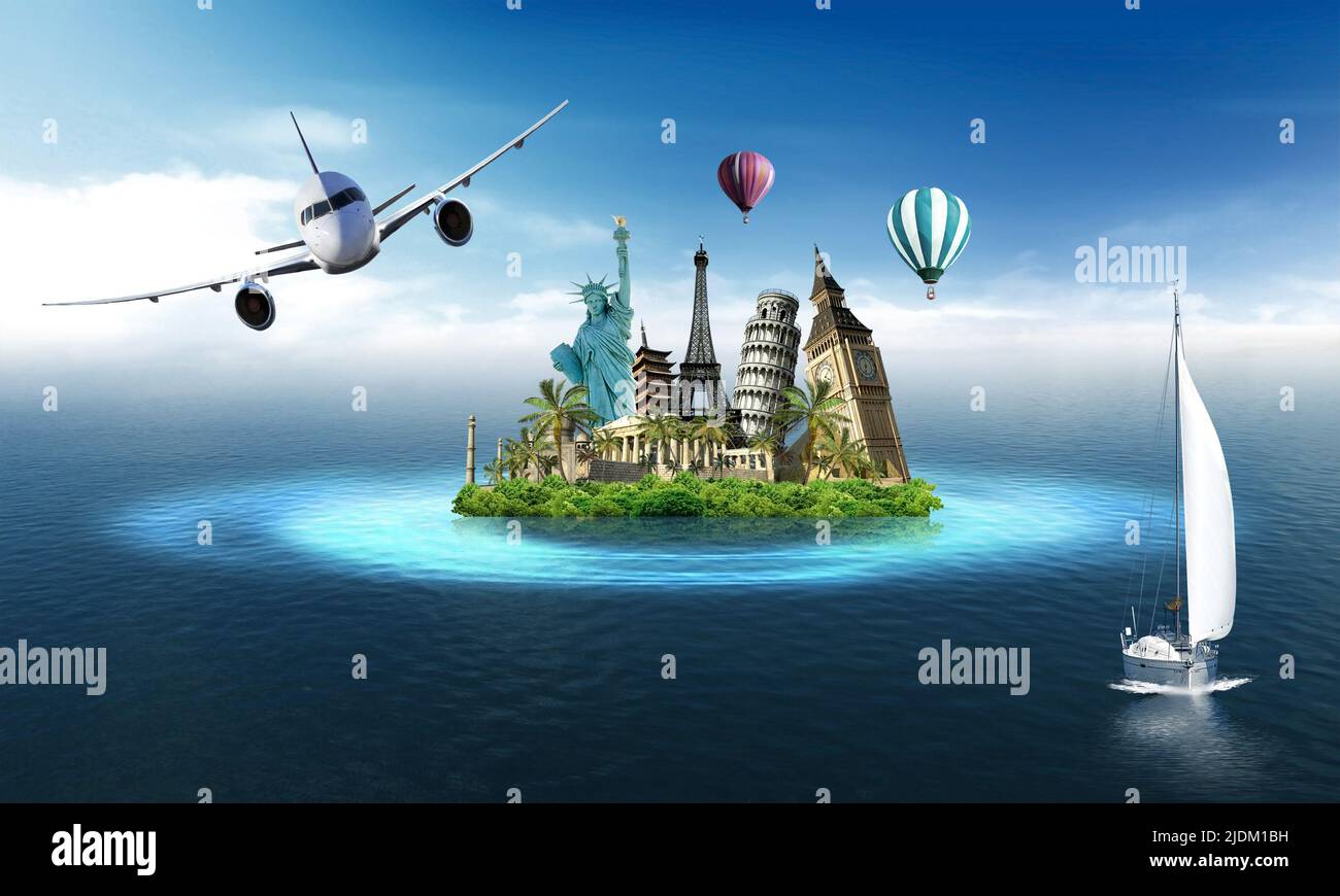 Imaginary island with landmarks among the sea with sailing boat and ...