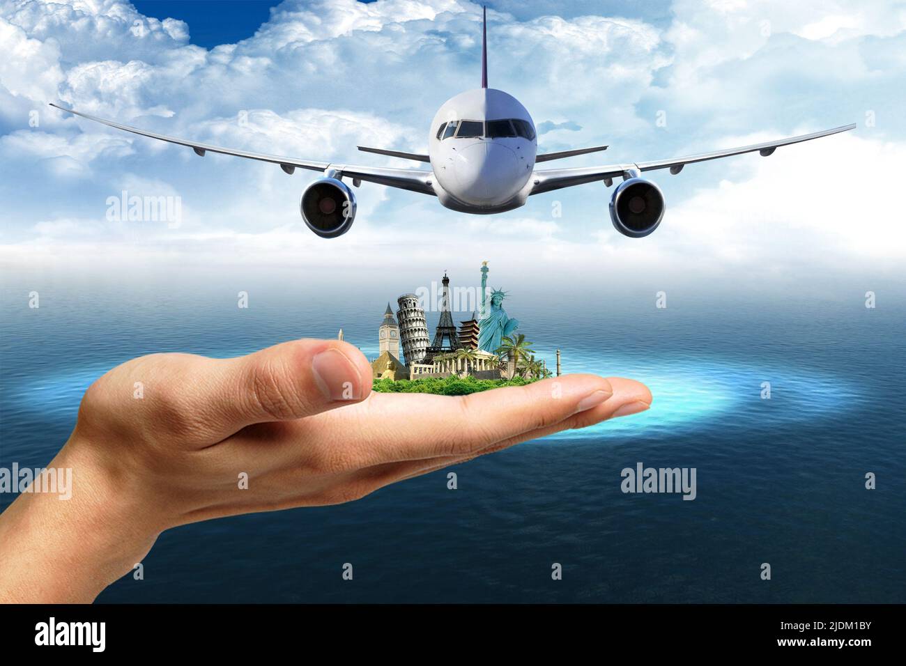 Landmarks on the human hand with airplane flying in the sky over the ...