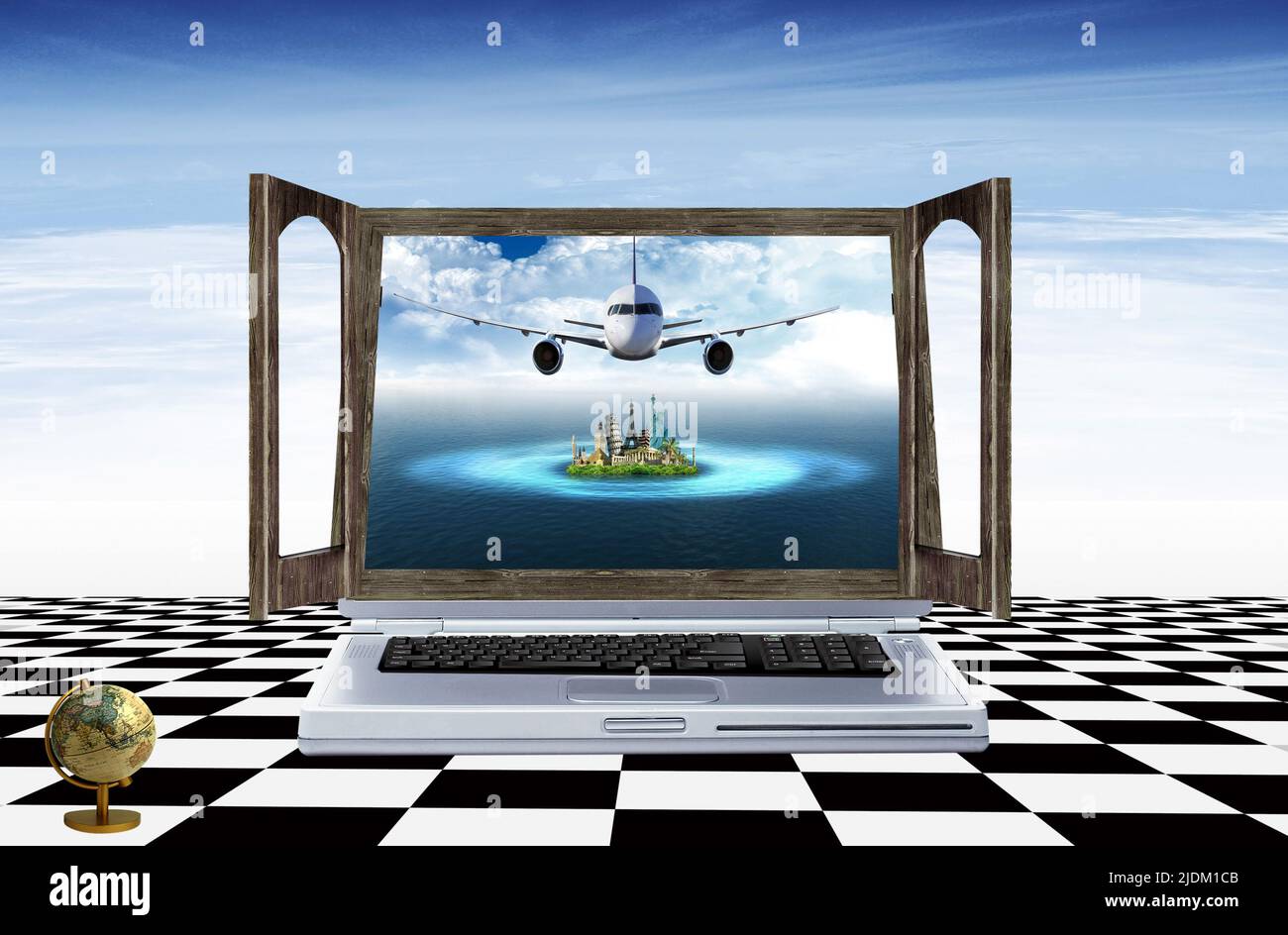 Computer on the black and white floor with a window screen with ...