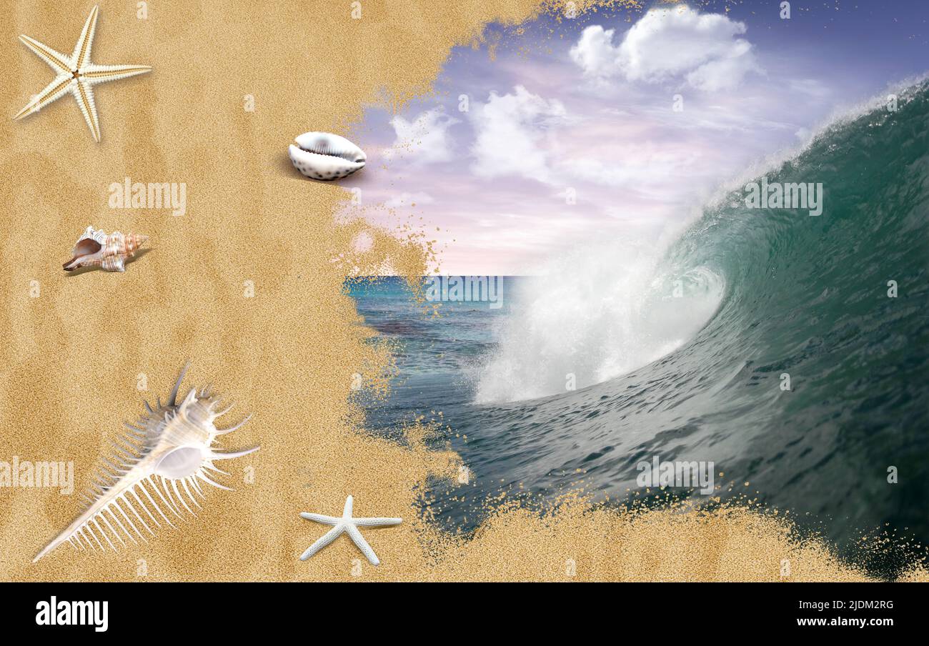 Sand beach with shells and ocean wave in the background Stock Photo - Alamy