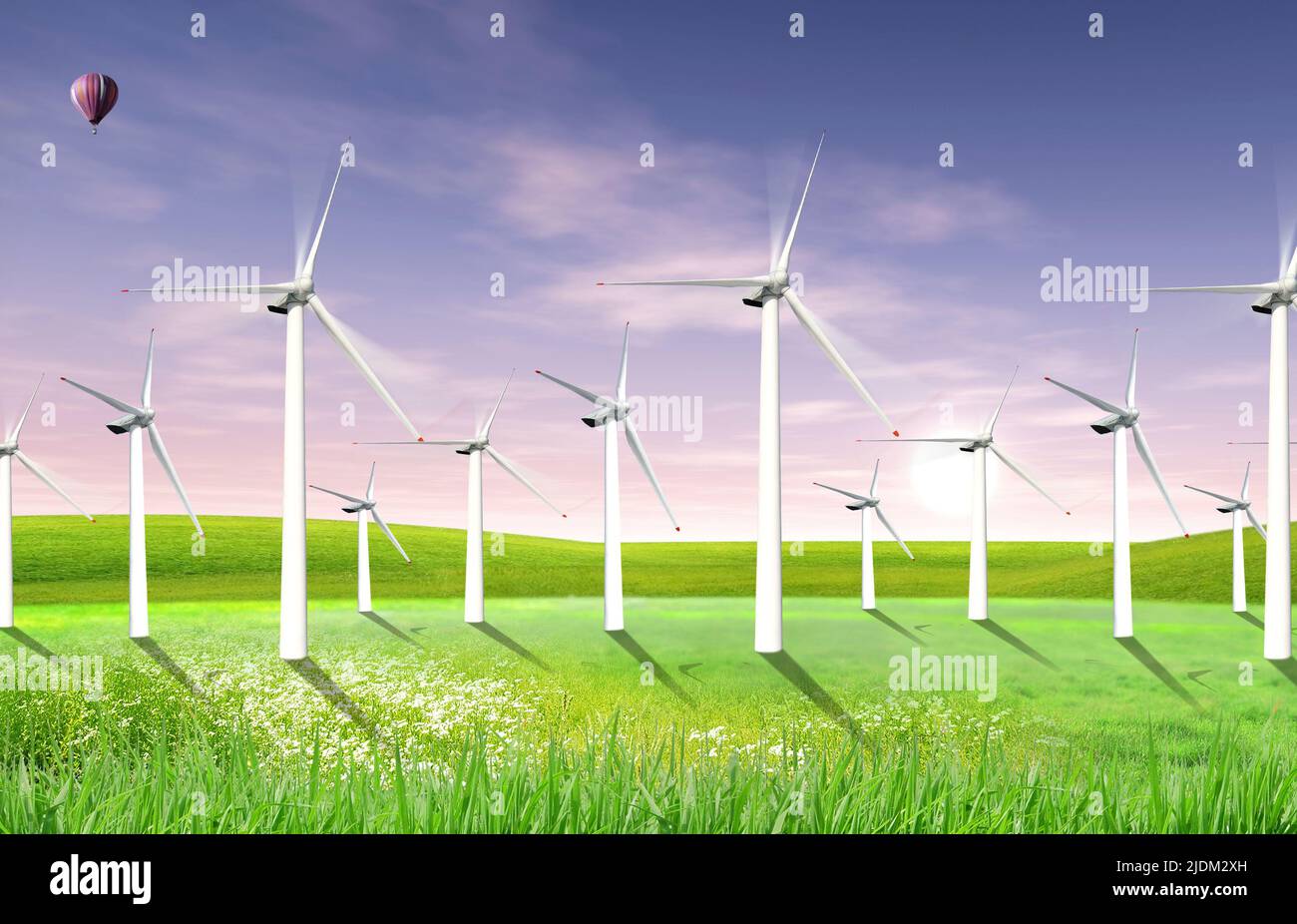 Wind farm: wind turbines in the grassland with hotair balloon in the ...