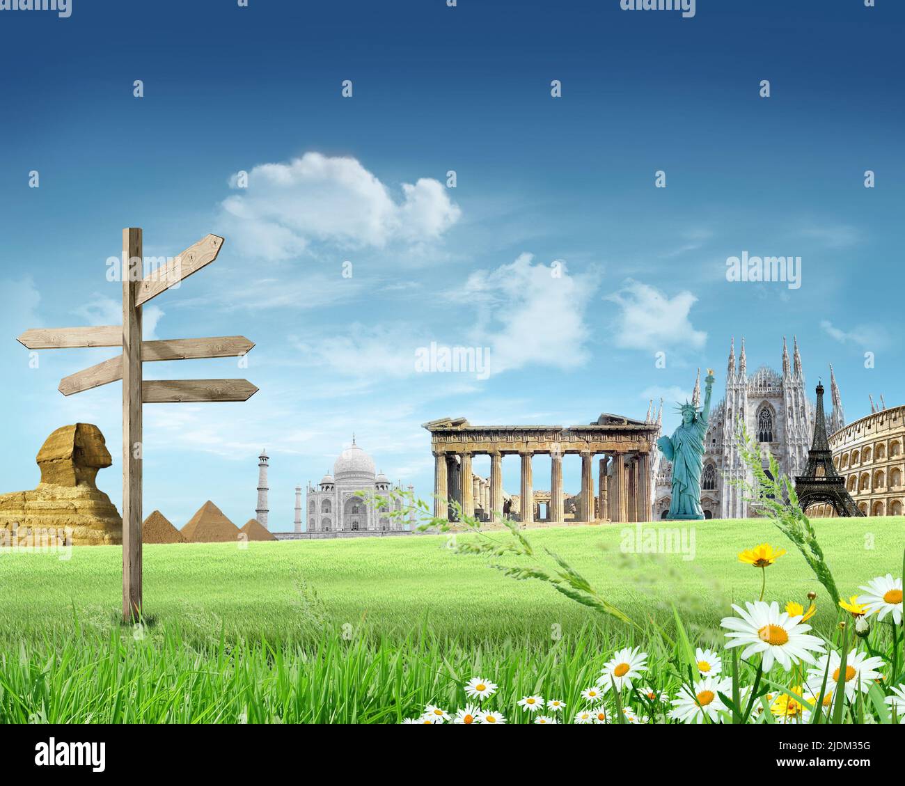 World landmarks with direction panel in he grassland with blue sky and ...