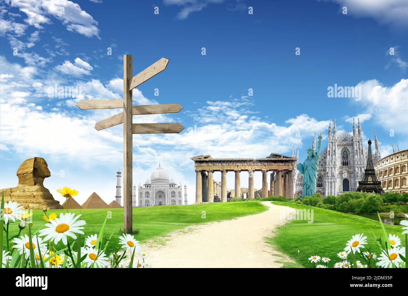 World landmarks with direction panel in he grassland with blue sky and ...