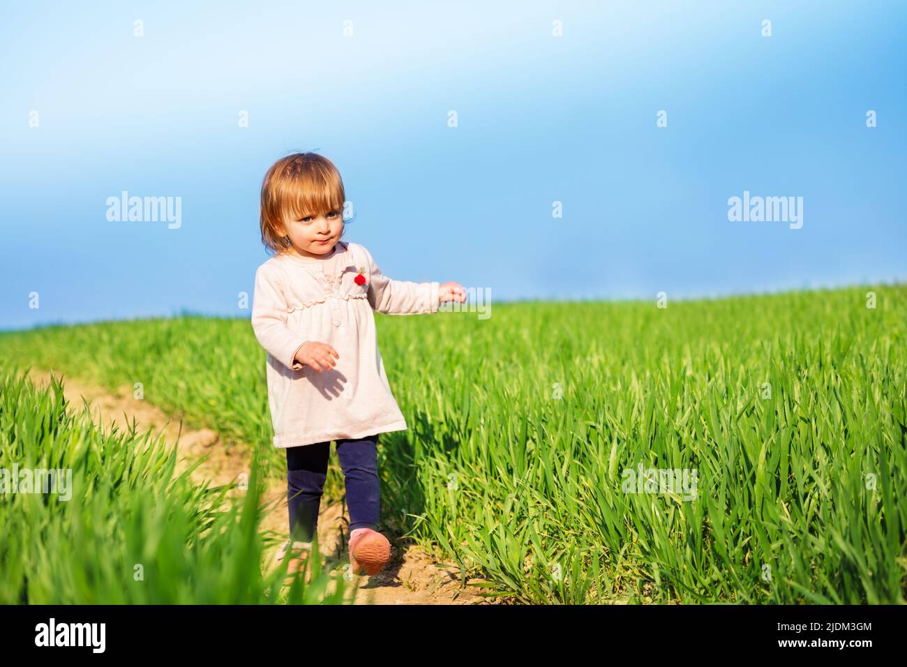 Toddler girl in pink dress run over clear spring field Stock Photo - Alamy