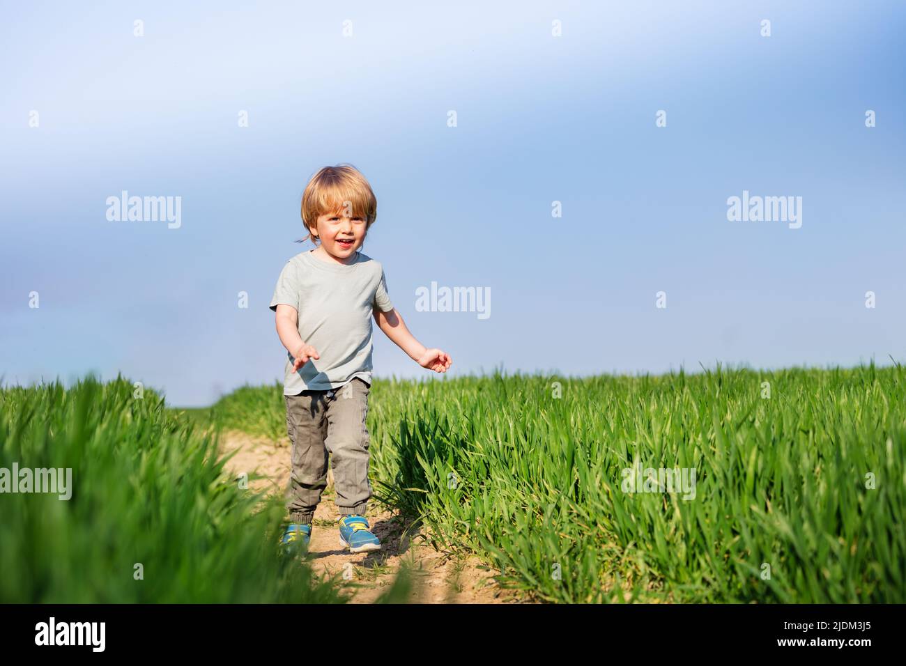 Cute boy run smiling in the clear spring field Stock Photo - Alamy