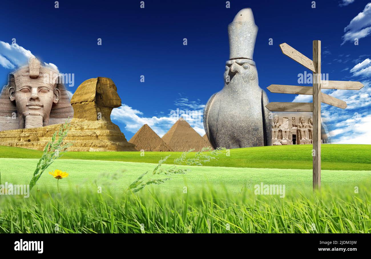 Ancient Egypt: landmarks in the grassland with direction panel and sky ...