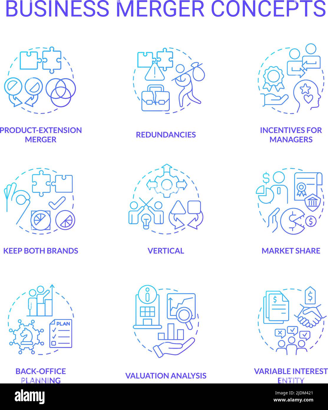 Business merger and consolidation blue gradient concept icons set Stock ...