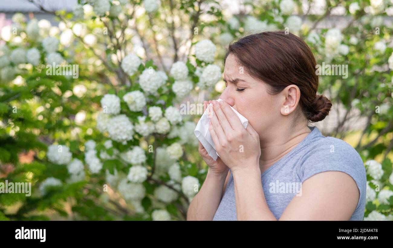Caucasian woman suffers from allergies and blows her nose into a napkin ...
