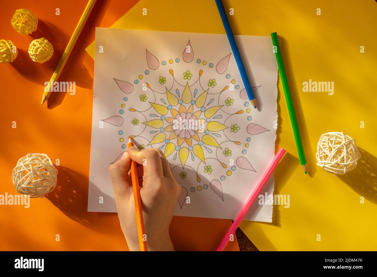 Woman coloring antistress page. Female hand painting mandala. Female ...