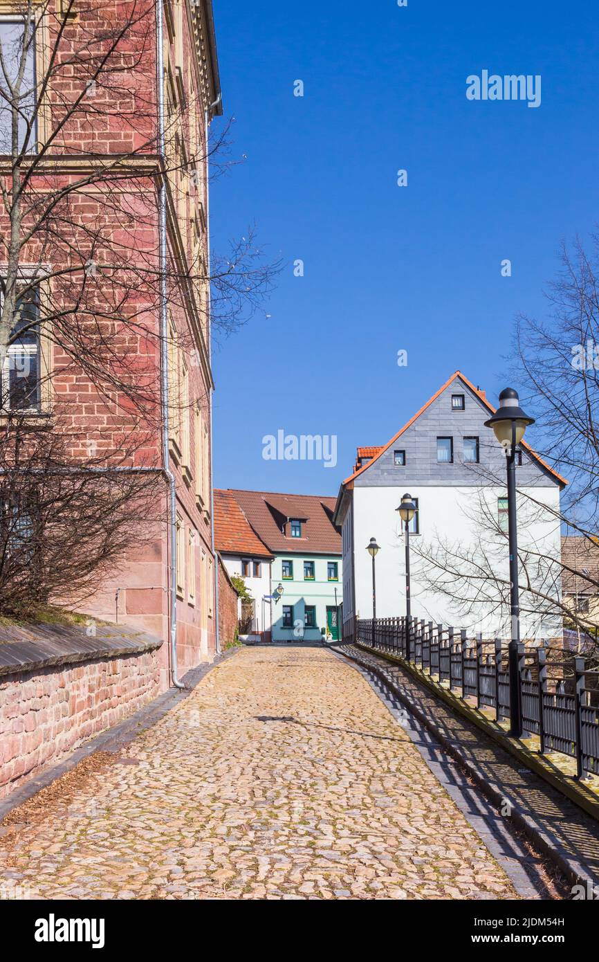 Cobblestoned street in the old town of Lutherstadt Eisleben, Germany ...