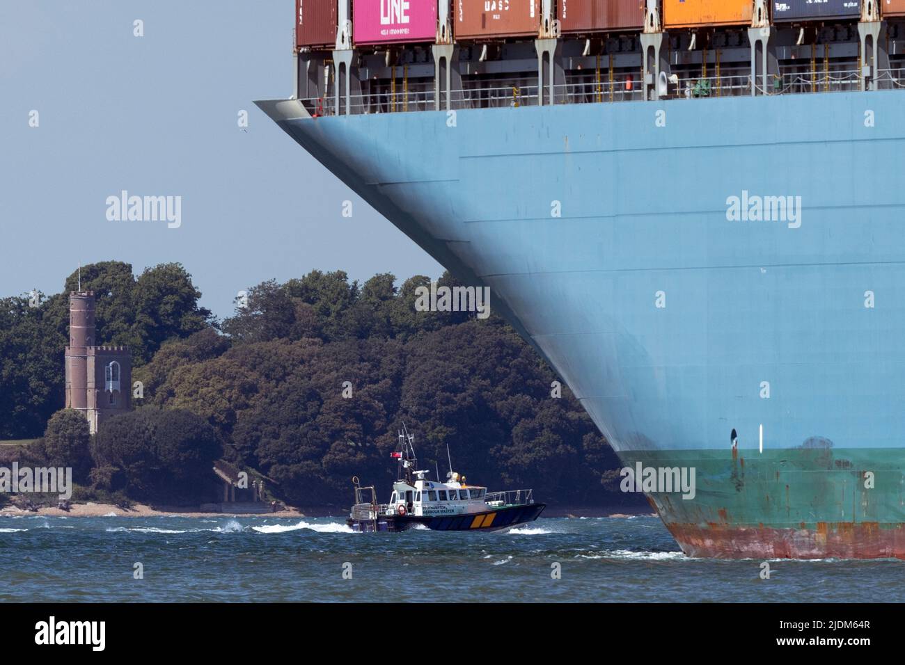 Southampton,Harbour,Master,support,pilot,boat,under,container,ship,bow ...