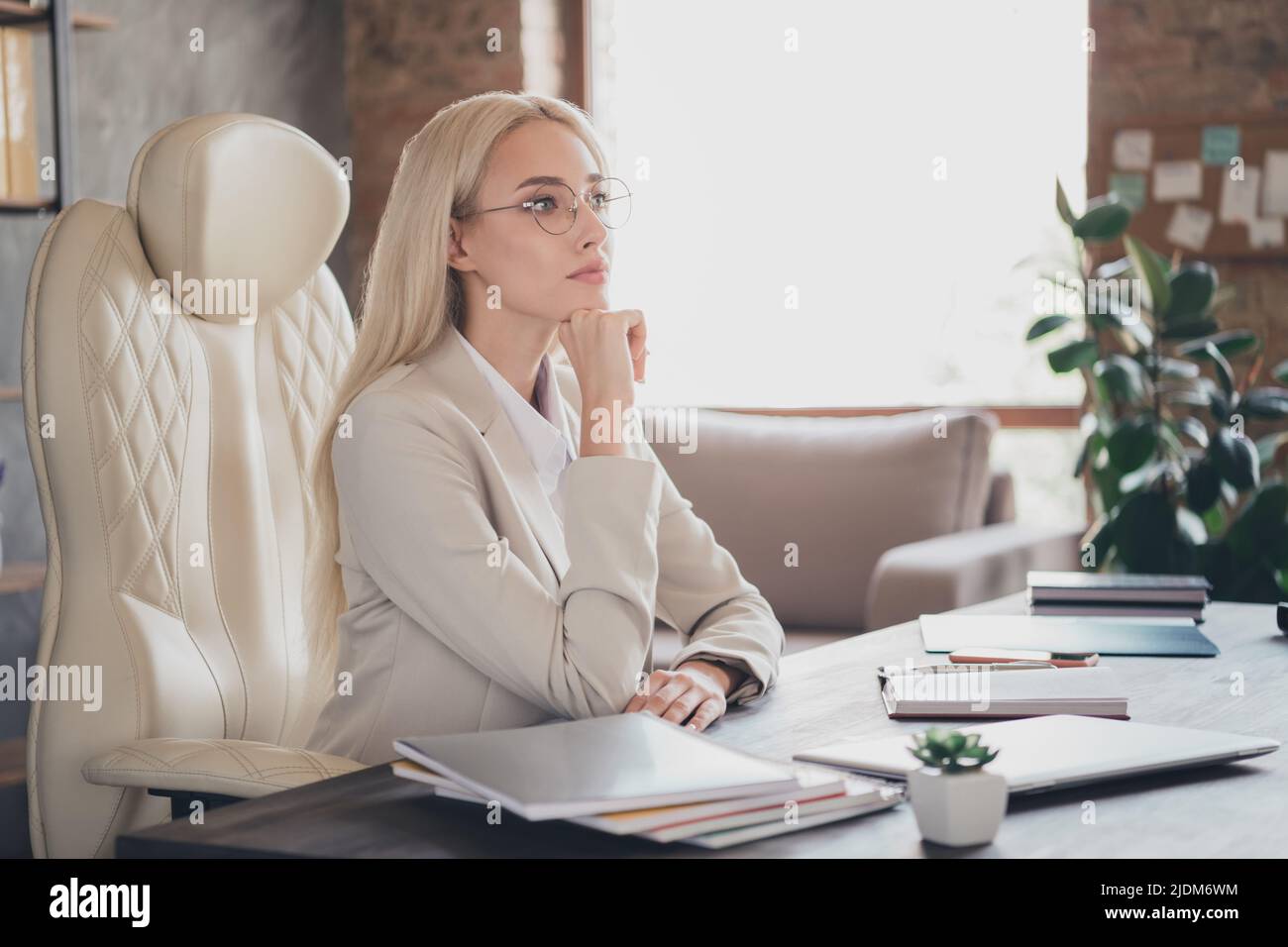 Profile photo of minded clever lady sitting chair hand touch chin ...