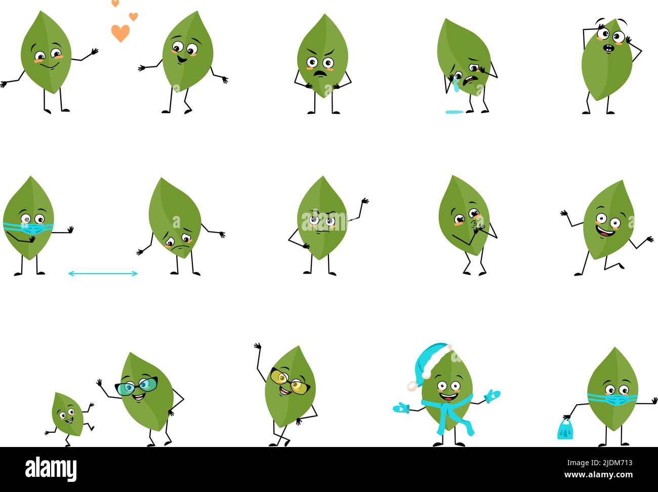Set of green leaf character with happy or sad emotions, panic, loving ...
