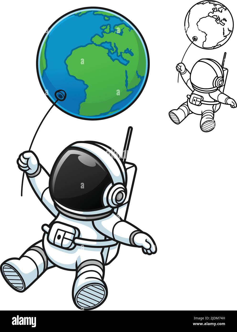 Cute Astronaut Flying Holding Earth Globe Balloon with Black and White ...