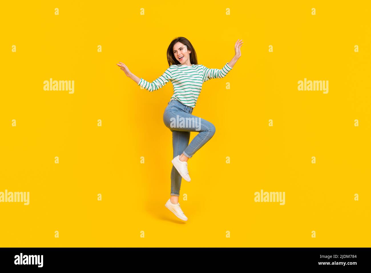 Full size photo of good mood cute female have fun dancing relaxing on ...