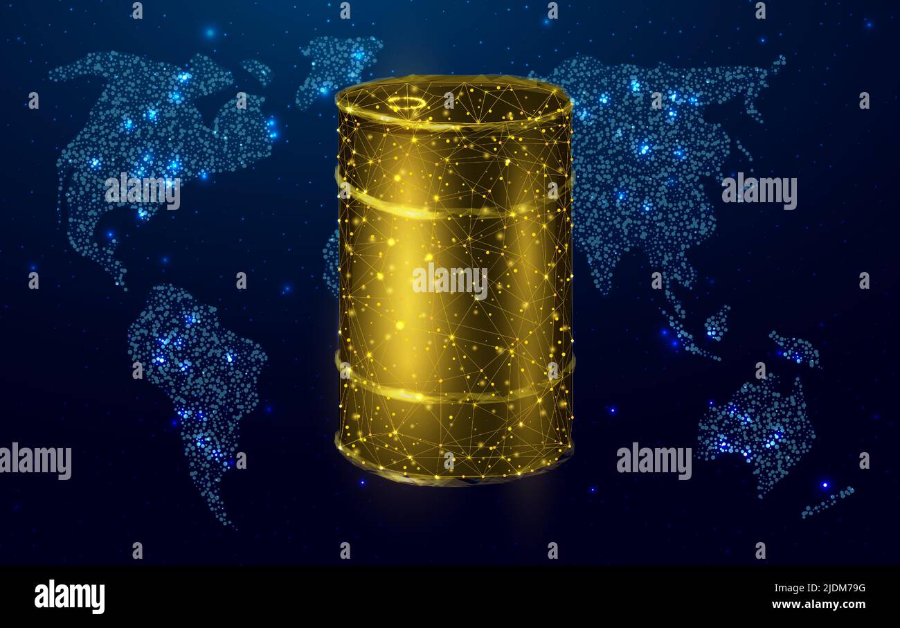 Barrel oil with globe map. Glowing barrel of petroleum. Wireframe low ...