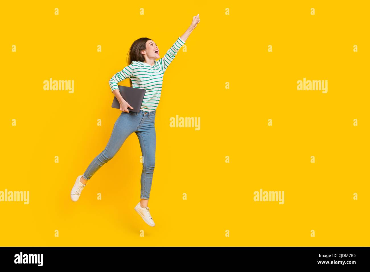 Full body profile side photo of cheerful expression wonder ...