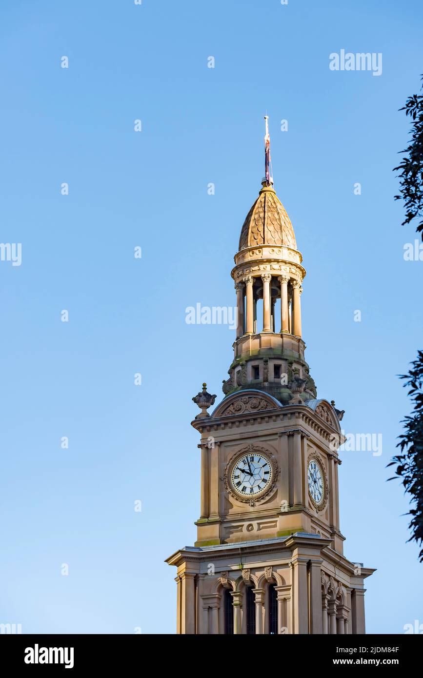 The clock tower of the 1869-86 built Sydney Town Hall in Australia. The ...