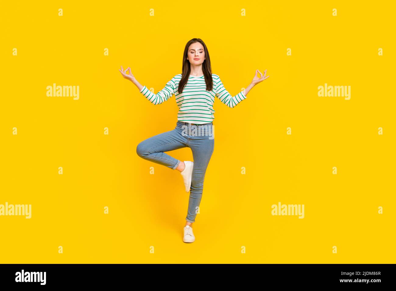 Full body image of beautiful charming woman practice mindfulness doing ...