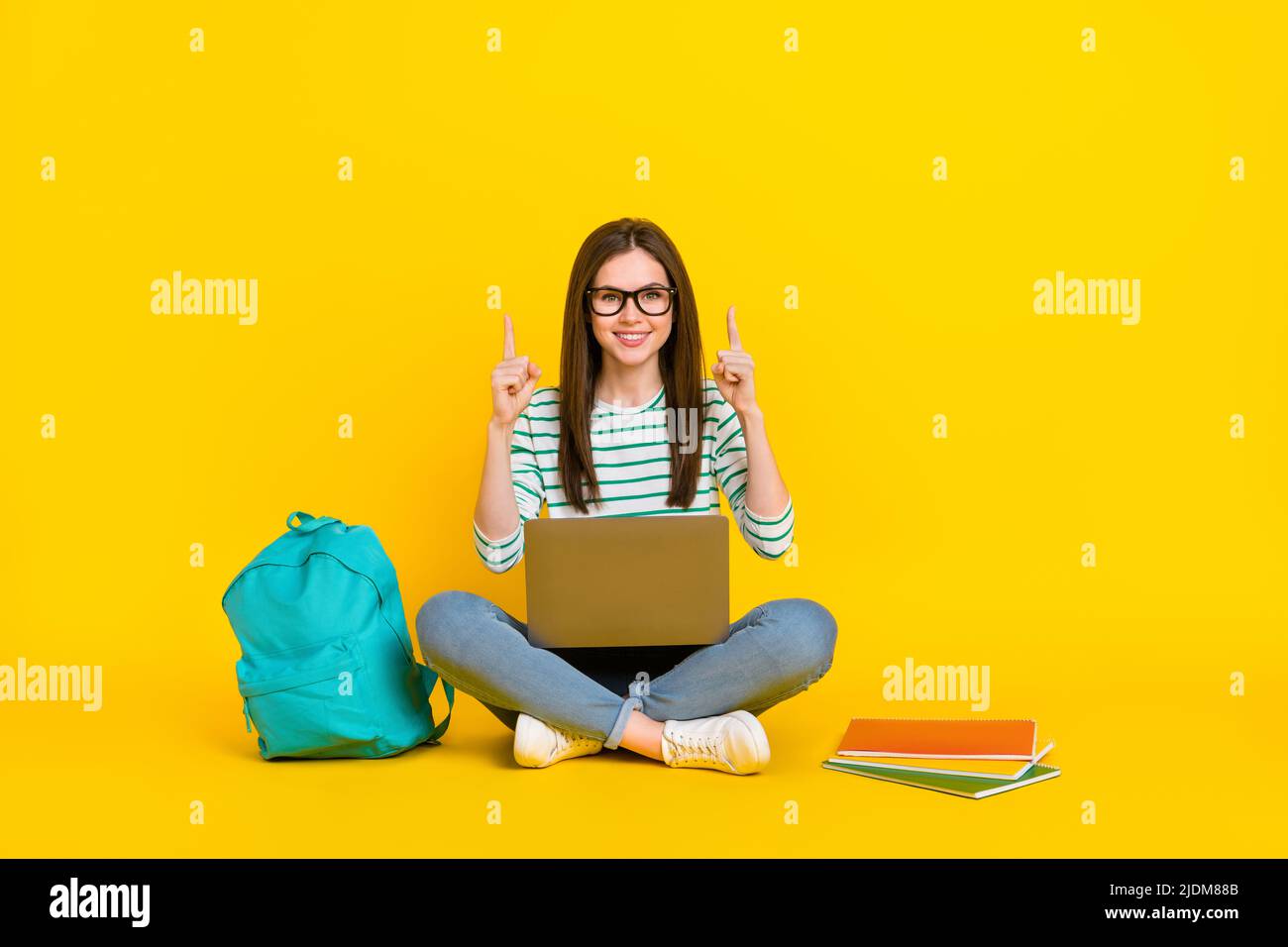 Photo of charming cheerful expression lady promote product sale ...