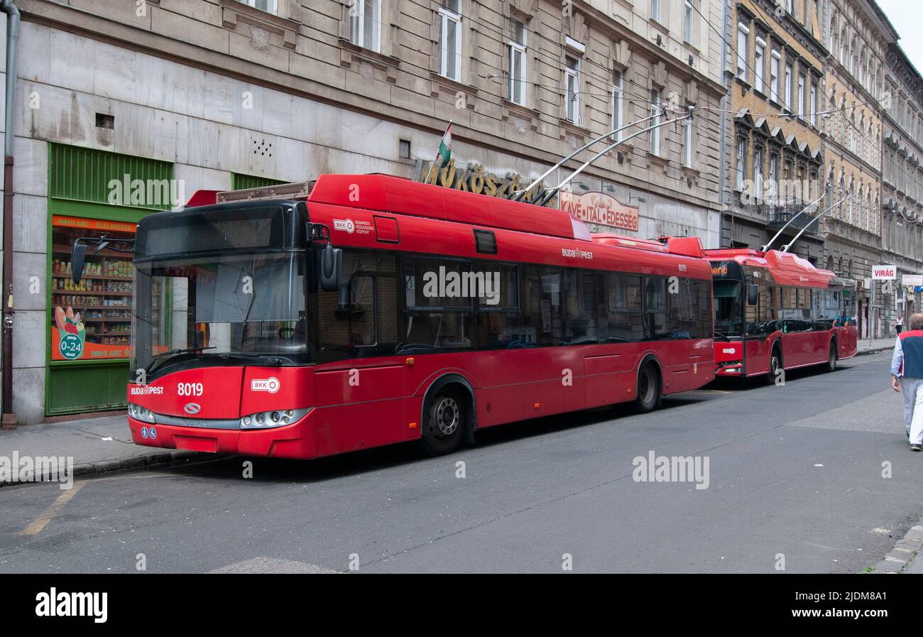 An electric red bus public transport in Budapest, Hungary Stock Photo ...