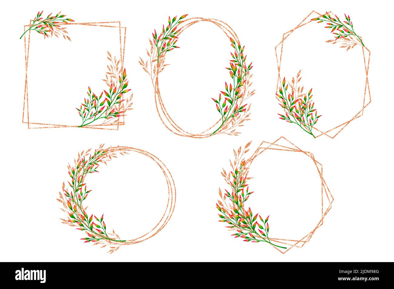 Set of watercolor gold frames with green and gold branches. Botanical ...