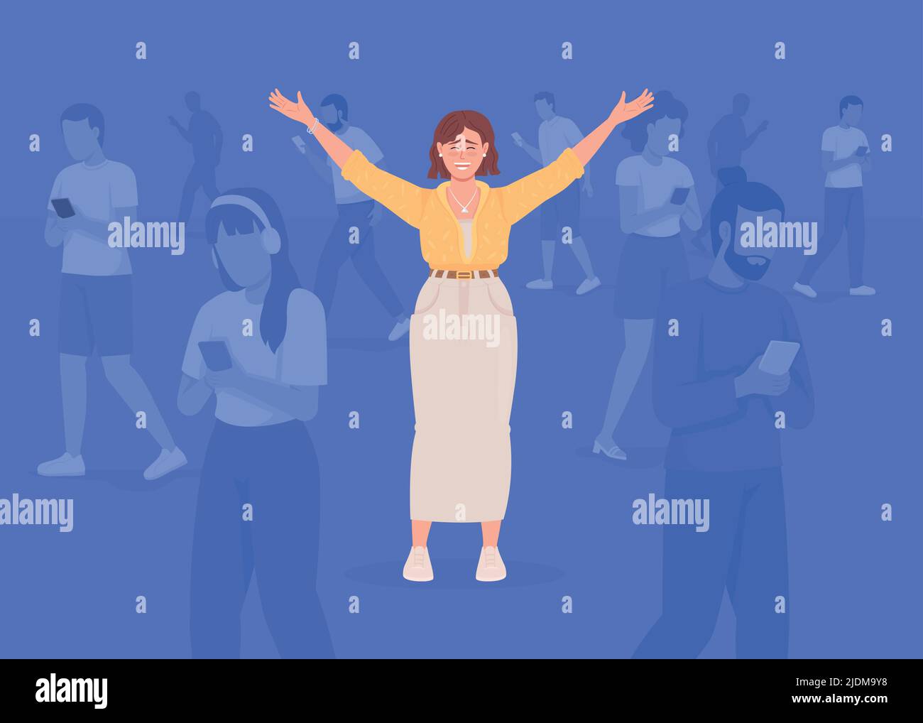 Happy woman free from gadget addition flat color vector illustration ...