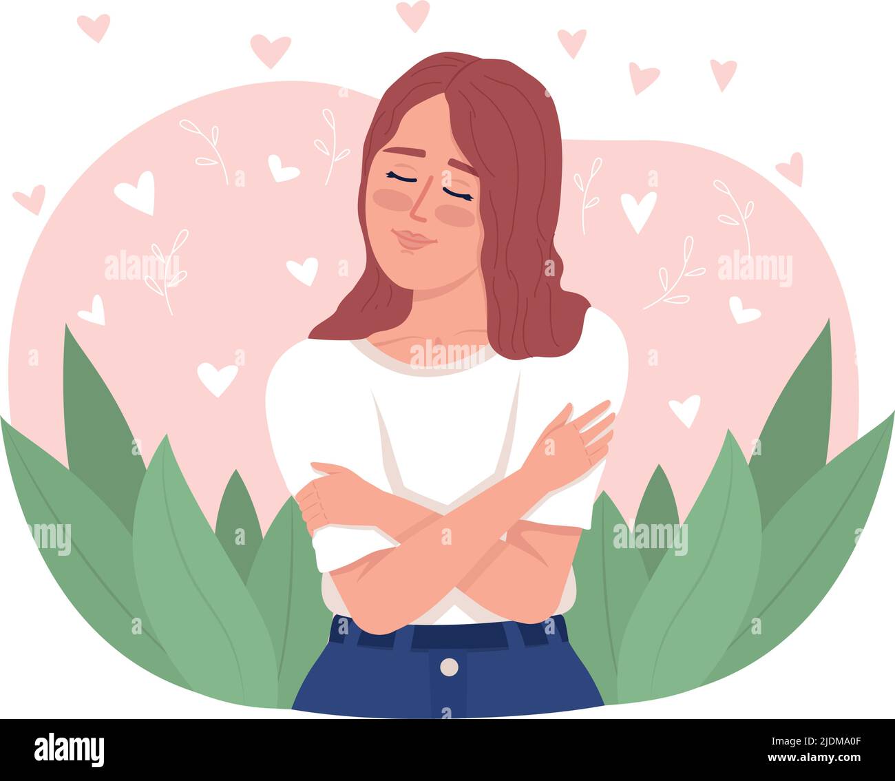 Smiling woman hugging herself 2D vector isolated illustration Stock ...