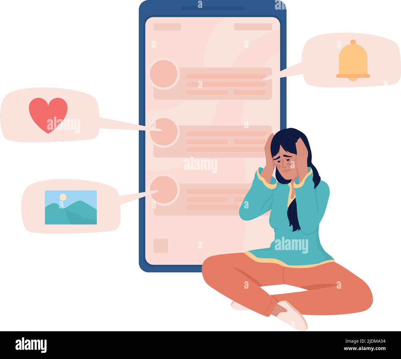 Woman with social media addiction semi flat color vector character ...