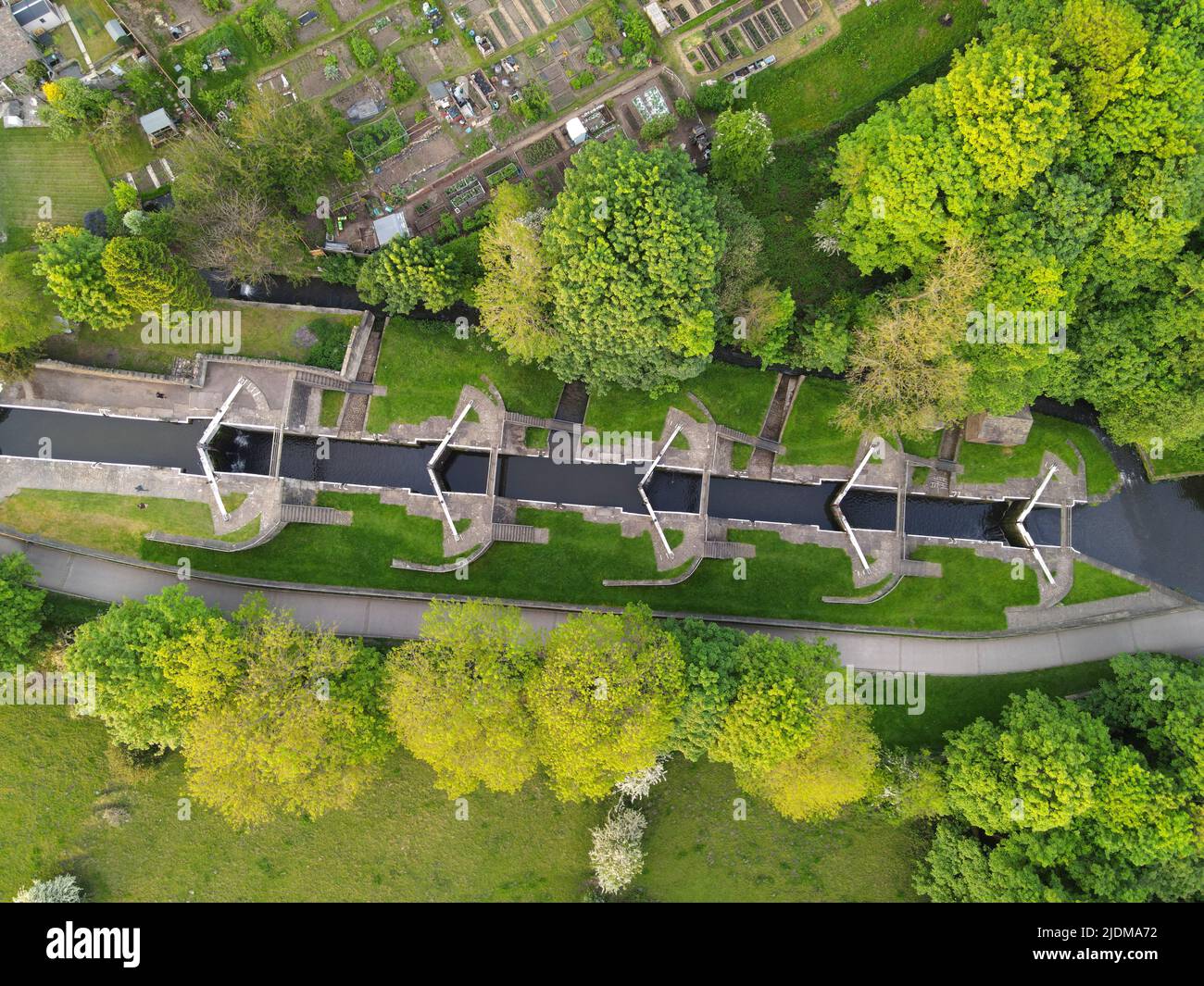 Aerial view of Bingley Five-Rise Locks is a staircase lock on the Leeds ...