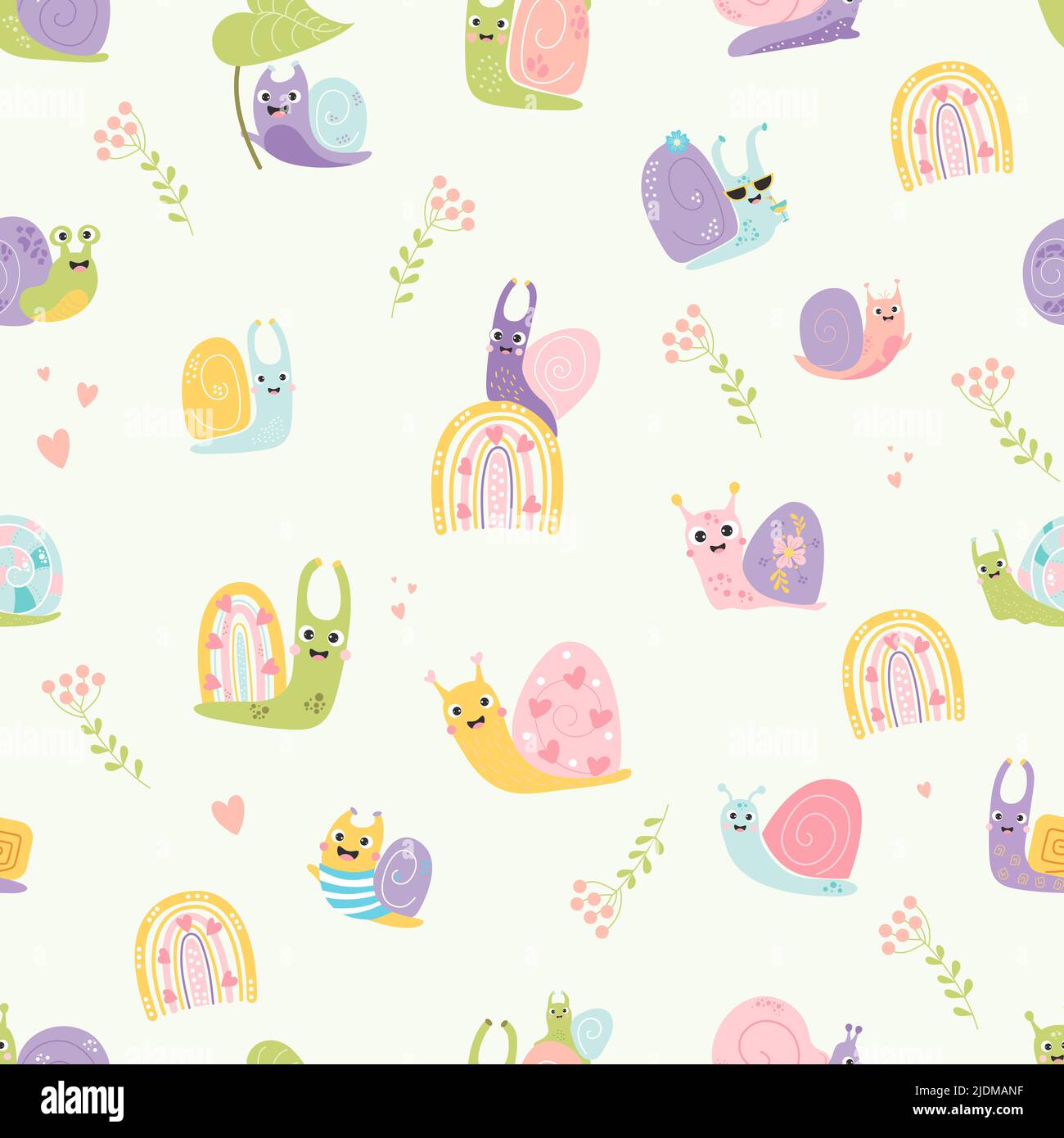 Seamless pattern with cute snails. Decorative insects happy clams with ...